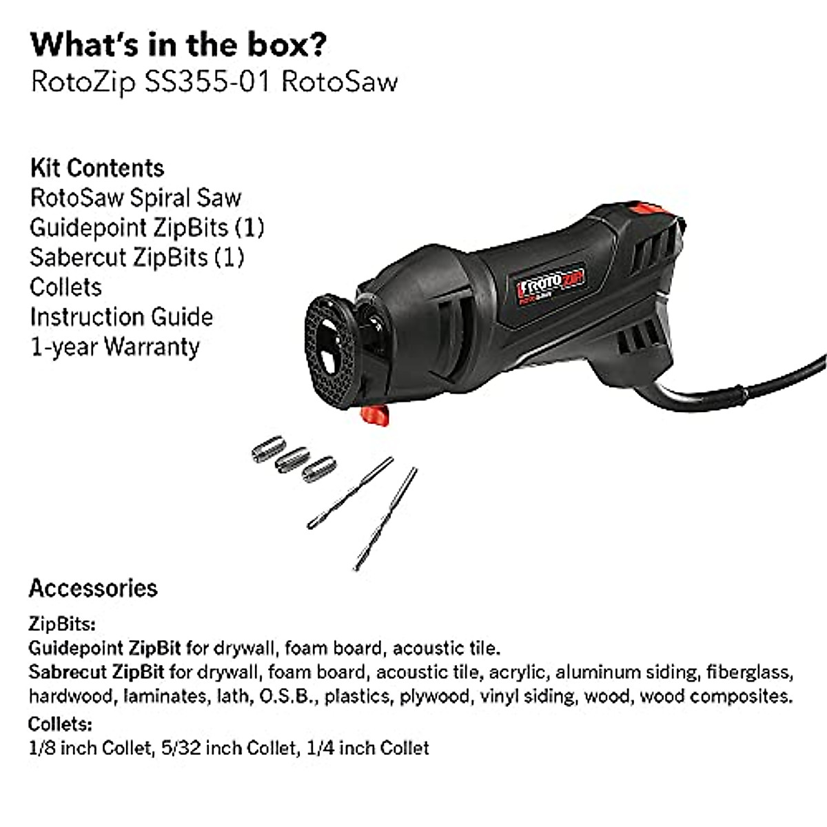 Rotozip SS355-10 5.5 Amp High Performance Spiral Saw Tool Kit with (3) Collects and (2) Bits, Compact & Lightweight - Ideal for Plunge Cuts, Freehand Cuts, and Cut-Outs