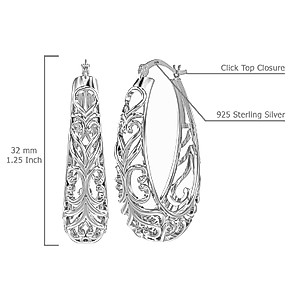 LeCalla Sterling Silver Earring Hoops for Women | Filigree Earrings | 925 Silver Hoop Earrings | Women's Filigree Hoop Earrings | 925 Silver Italian Hoops Earring | Medium Oval Hoops for Women - 32mm