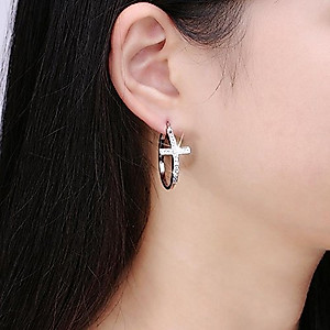 uPrimor Simple Medium Average Size 30mm(1.25 In) CZ Cubic Zirconia Cross Hoop Earrings, for adults only