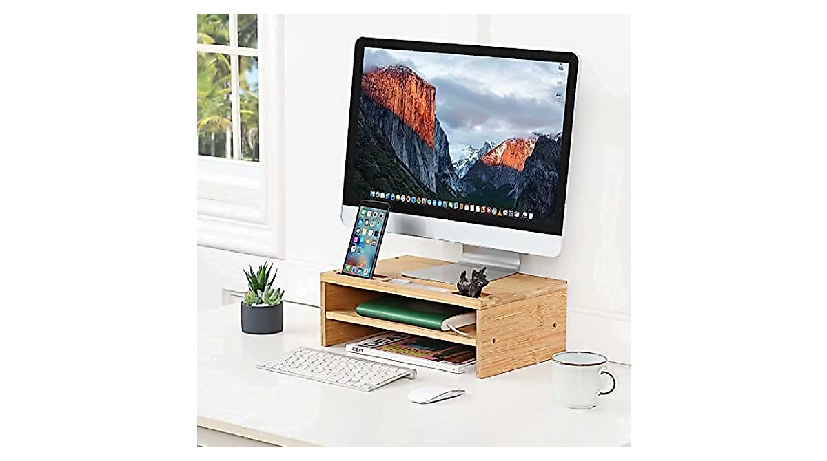 Well Weng Bamboo Monitor Riser Stand for Ergonomic & Organized Workspace