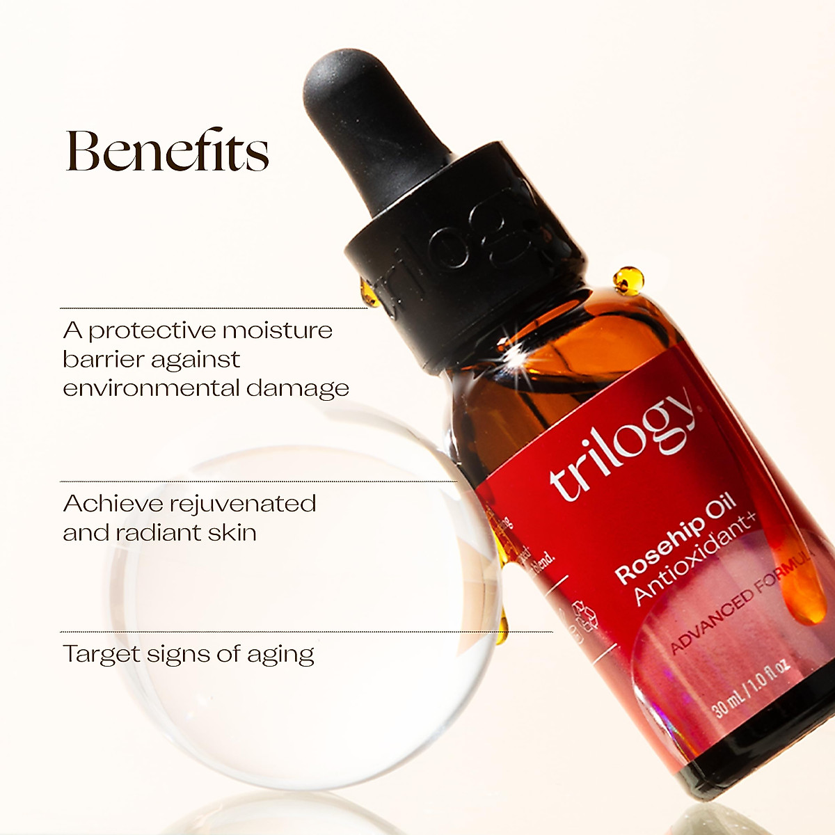 Trilogy Rosehip Oil Antioxidant+, Certified Organic Hydration & Repair Beauty Oil, 1.0 fl oz