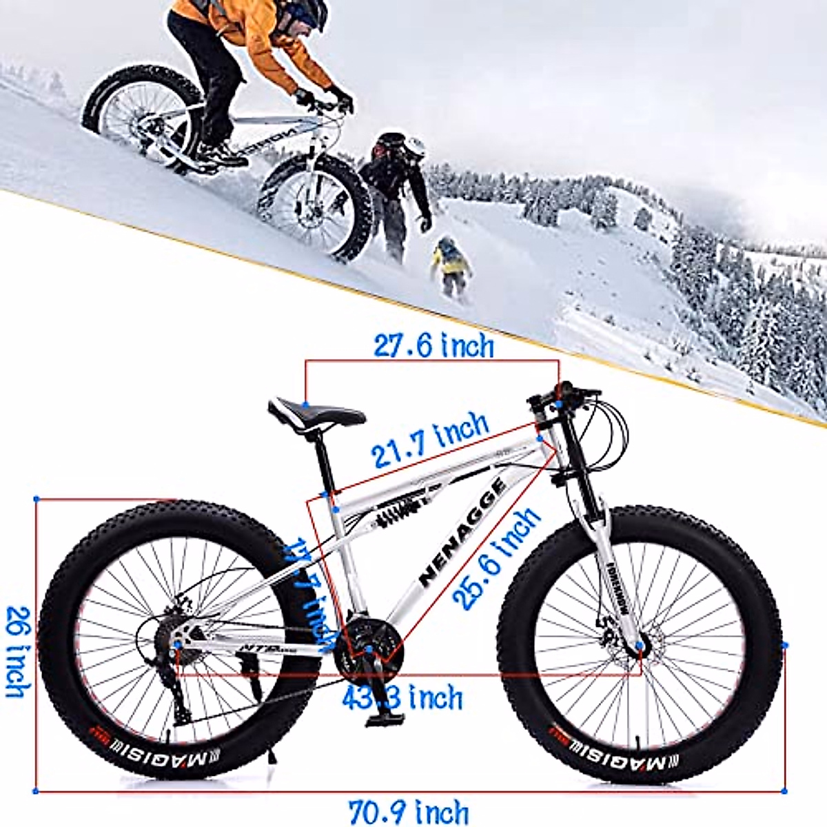 NENAGGE Fat Tire Mountain Bike 26 Inch Wheel 27 Speed Snow Mountain Bicycle for Men and Women, High Carbon Steel Frame Off-Road Bike with Daul Disc Brakes for Outdoor Sports, Silver