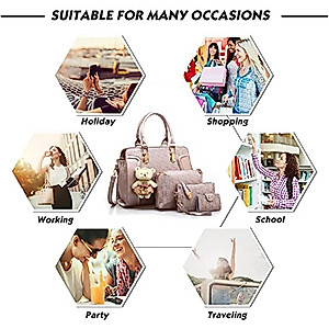 4Pcs Handbag Set for Women, PU Leather Tote Shoulder Bags Top Handle Satchel Bag Purse Clutch Card Holder with Bear Pendant (Pink)