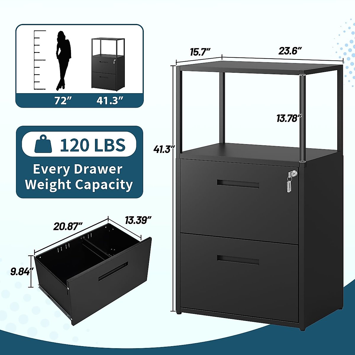 MIIIKO Office File Cabinet with 2 Drawers and Shelf, Metal Vertical Filing Cabinet with Lock, Lateral Two Drawers for Storage Letter/Legal Size File Folders, Top Shelf for Printer Stand