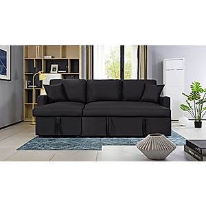 FurniFusion Living Room L-Shape Linen Reversible Sleeper Sectional Sofa with Storage Chaise, Black Corner Couch with Arms for Home Furniture, Apartment, Dorm, 82 Inch