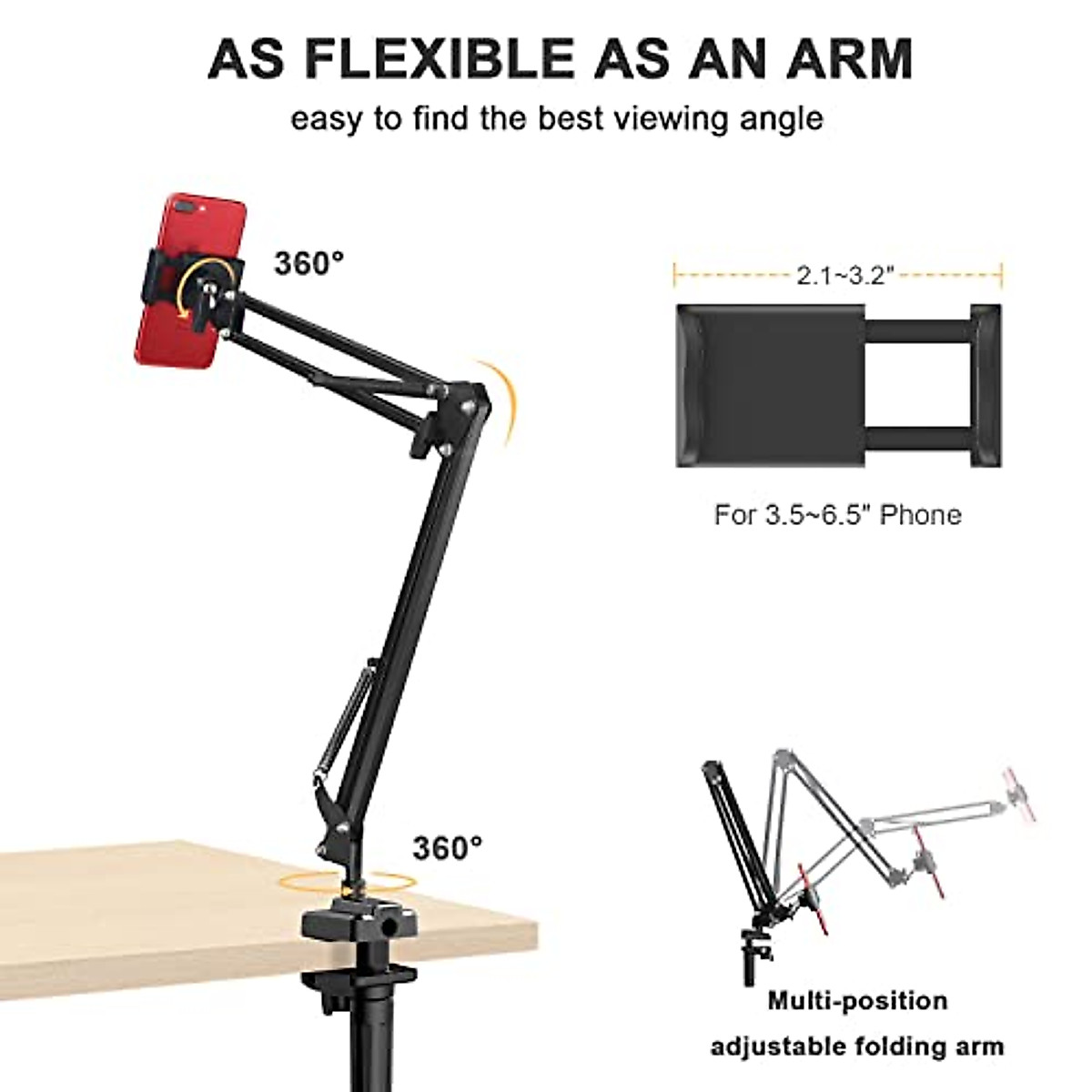 Klsniur Cell Phone Holder, Universal Phone Stand Clip Lazy Bracket Flexible Articulating Arm Phone Mount Compatible with iPhone 14 13 12 11 Pro Xs Max XR X 8 7 6 6s Plus, Samsung S10 S9 S8 S7