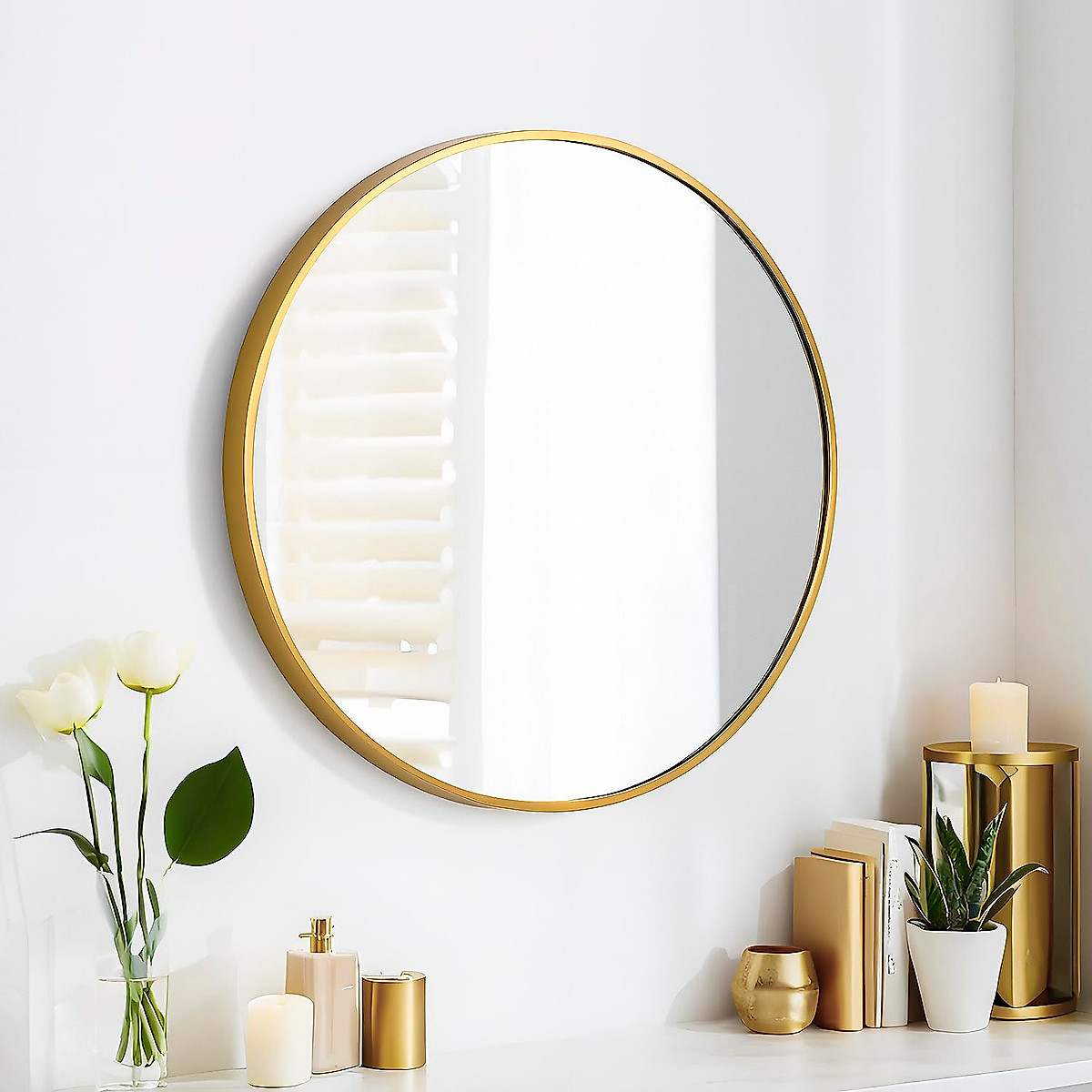 SCWF-GZ 20" Round Mirror Circle Wall Mounted Hanging or Against Wall Metal Frame Dressing Make-up Mirrors for Entryway Bedroom Bathroom Living Room 20 inch Gold