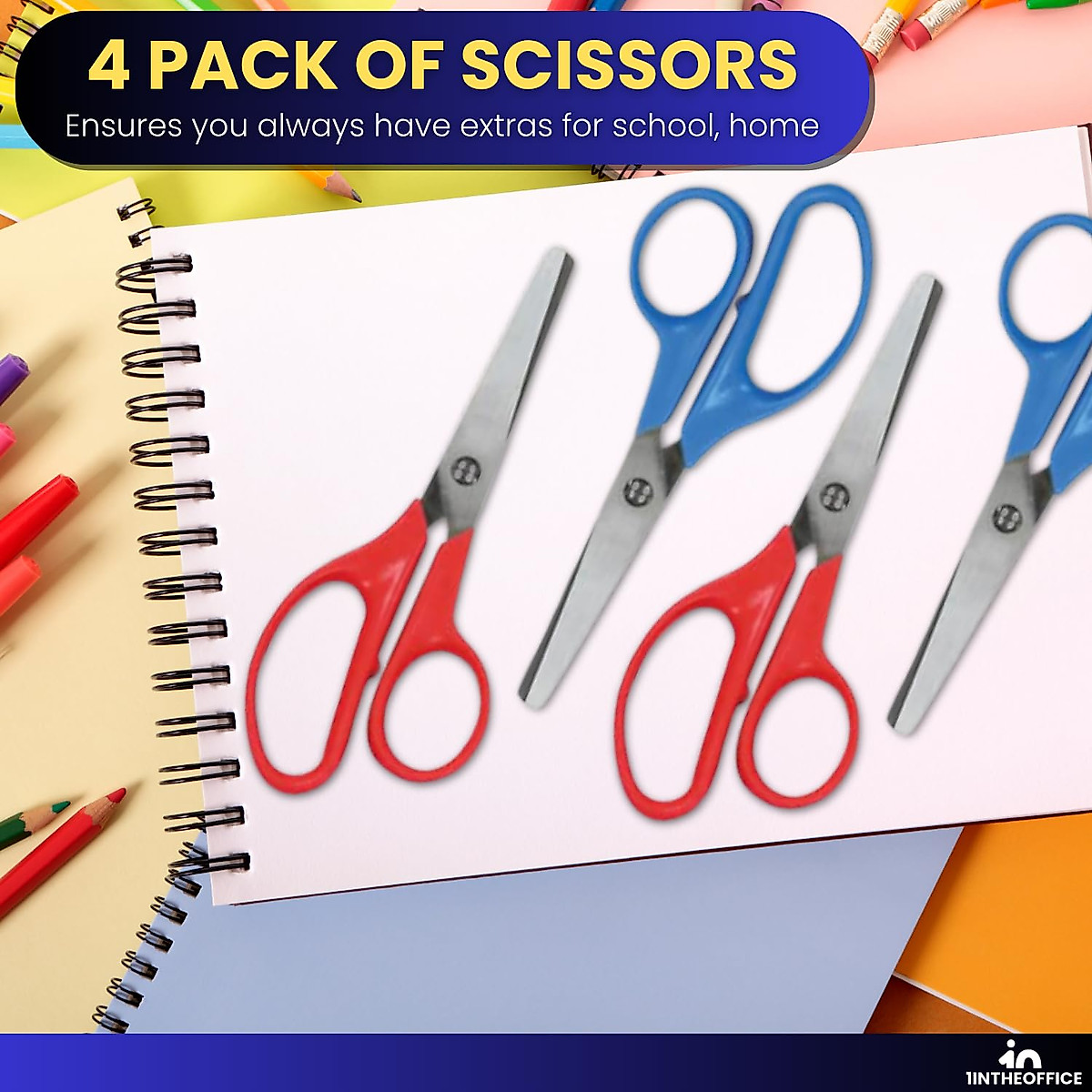 1InTheOffice Scissors for School Kids, Blunt Tip Scissors, Kids Blunt End Scissors, Kids Safe Scissors Kid Scissors Blunt Tip, Small Safety Scissors, Blue (2 Pack)