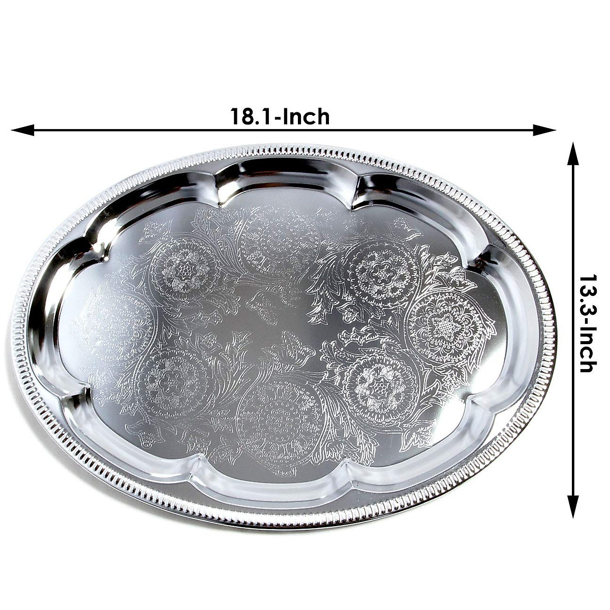 Maro Megastore (Pack of 4) 18.1 inch x 13.3 inch Traditional Oval Floral Pattern Engraved Catering Chrome Plated Serving Plate Mirror Tray Platter Metal Tableware Holiday Party Large T225-4PK