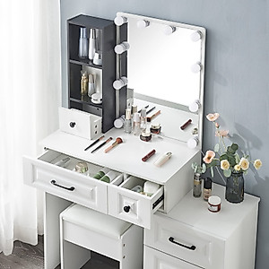 saicheng Vanity Desk with Mirror and Lights-3 Color and Brightness Adjustable, Vanity Set with Drawers and Chair, White Makeup Vanity Table for Girls