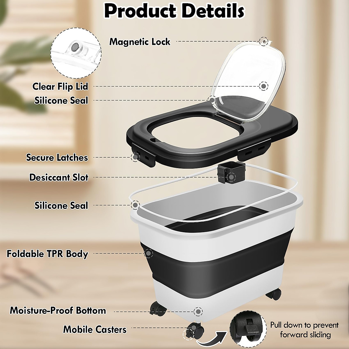 Rice Storage Container, 20-30Lbs Airtight Large Dog Cat Food Storage Containers with Wheels, Scoop & Measuring Cup, Collapsible Kitchen Flour Bin, Dry Food Storage Holder for Rice Kibble Pet Food