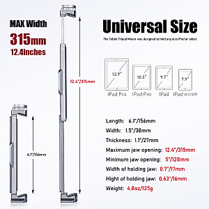 ARNARKOK Metal Tablet Tripod Mount, 7.9-12.9in Ipad Holder, Rotatable Cold Shoe, 2 Acra Swiss QR Bracket, Universal Tablet Mount for Video Recording