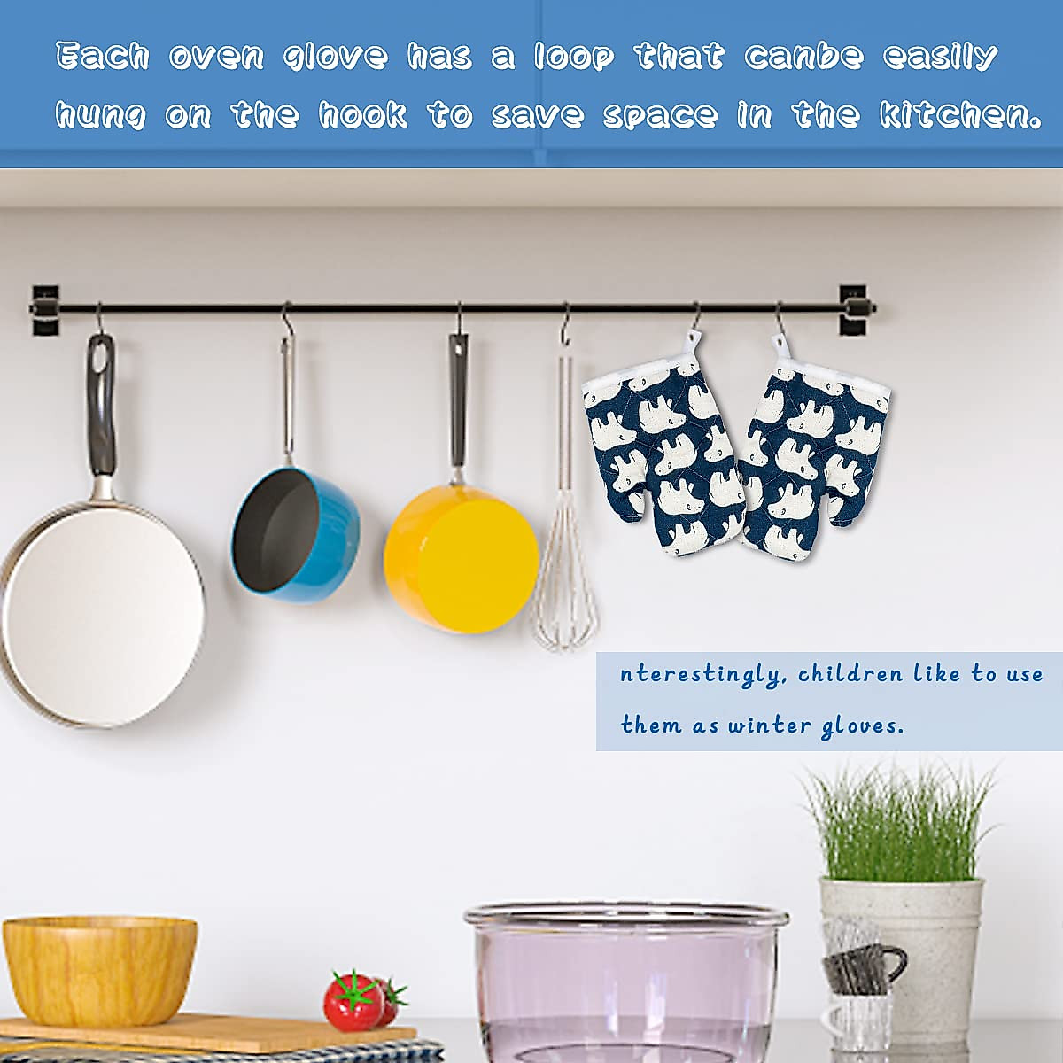 DOERDO 2 Pack Kid Oven Mitts for Children Heat Resistant Kitchen Mitts, Great for Cooking Baking, Age 4-12 (7"x4.7", Polar Bear)