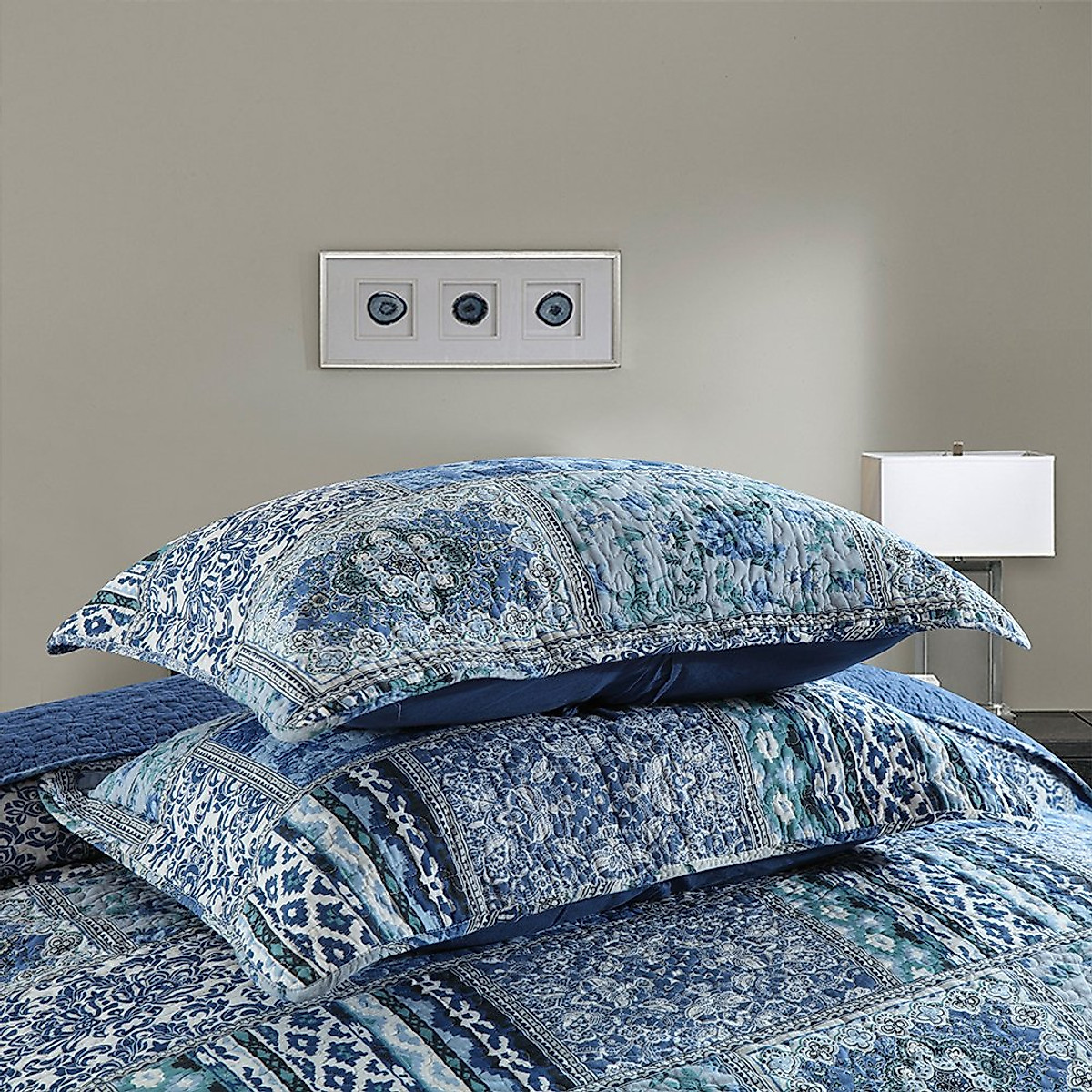 NEWLAKE Cotton Bedspread Quilt Sets-Reversible Patchwork Coverlet Set, Blue Classic Bohemian Pattern,Queen Size