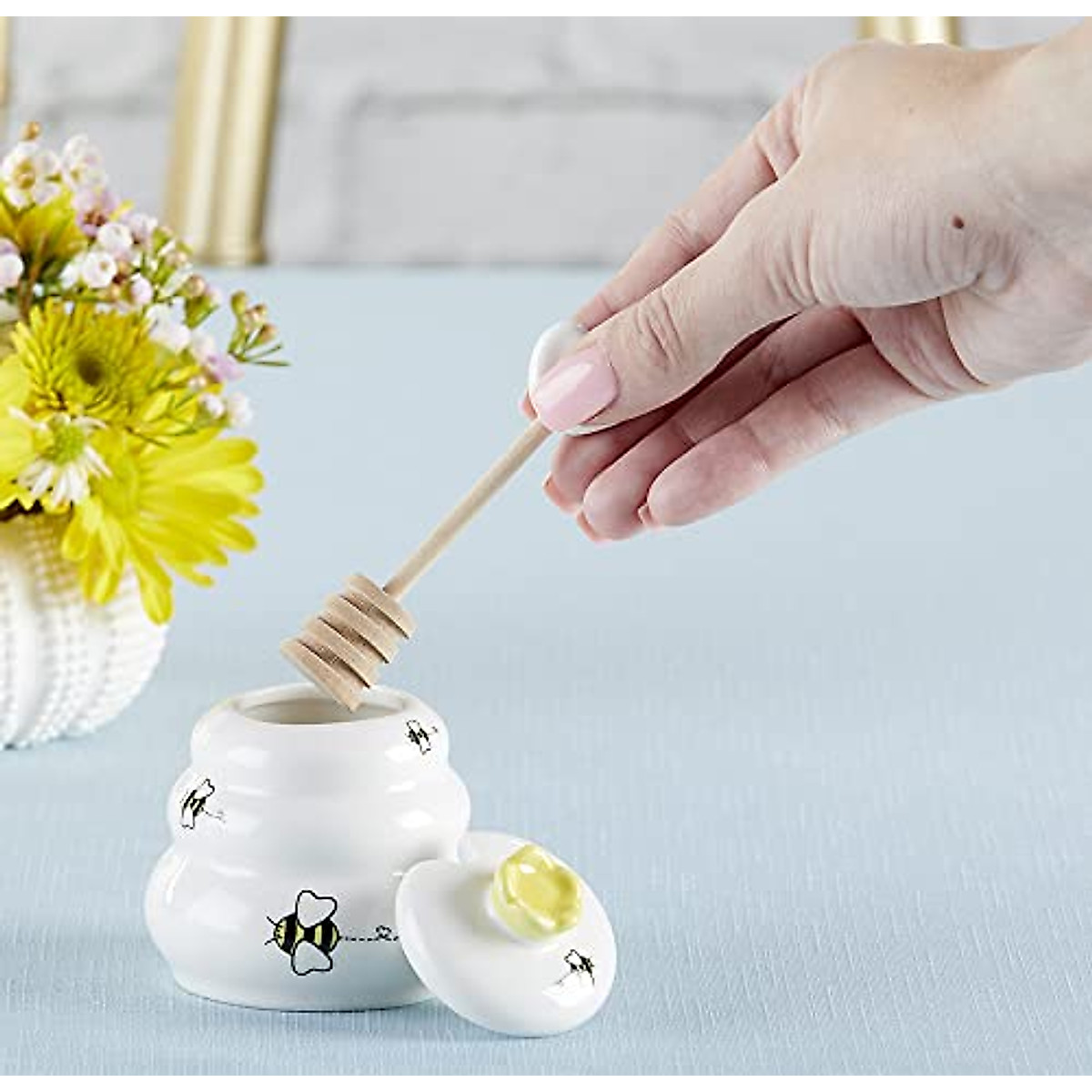 Kate Aspen Sweet as Can Bee Ceramic Mini Honey Pot with Wooden Honey Dipper (3.4 oz) Honey Jar, Bee Decor, White/Yellow (23261WT)