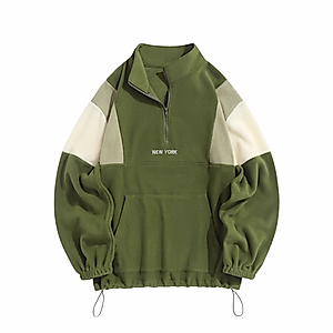 ZAFUL Men's Fluffy Polar Fleece Sweatshirt NEW YORK Embroidery Colorblock Half Zip Unisex Hoodie Deep Green M