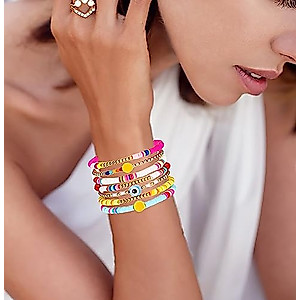 Svovin 58 Pcs Preppy Heishi Bracelets Set Colorful White Gold Heart Star Evil Eye Beaded Polymer Clay Pearl Stackable Charm Y2K Kidcore Summer Beach Bohemian Layering Bracelets Jewelry for Women