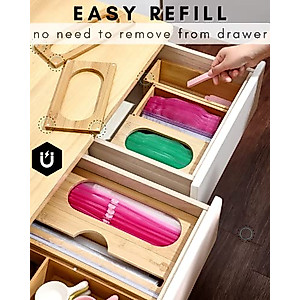 KUNABOO Bamboo Storage Bags Organizer, 5 Boxes Set Drawer Organizer for Plastic Storage Bags and Foil Plastic Wrap Cutter Dispenser (FSC Certified eco-Friendly Bamboo), Sandwich Bag Organizer