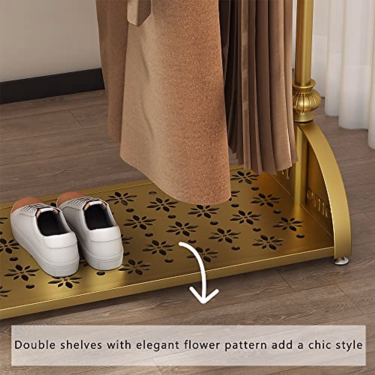Clothing Rack Gold, Industrial Clothes Rack for hanging Clothes with Double Shelves Freestanding Multi-functional Heavy Duty Garment Rack, Metal Movable Portable Coat Rack for Organizing Clothes Shoes