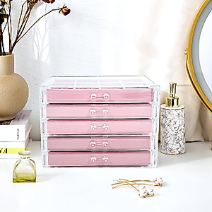 ProCase Earring Holder Organizer Jewelry Box with 5 Drawers, Acrylic Clear Earring Case with Adjustable Velvet Trays for Women - Pink, 5 Layers