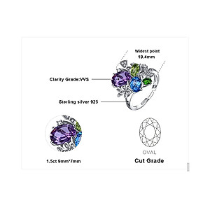 JewelryPalace Flower Genuine Amethyst Peridot Chrome Diopside Blue Topaz Rings for Women, Adjustable Open 14K Yellow Gold Plated 925 Sterling Silver Ring, Multicolor Natural Gemstone jewelry Set