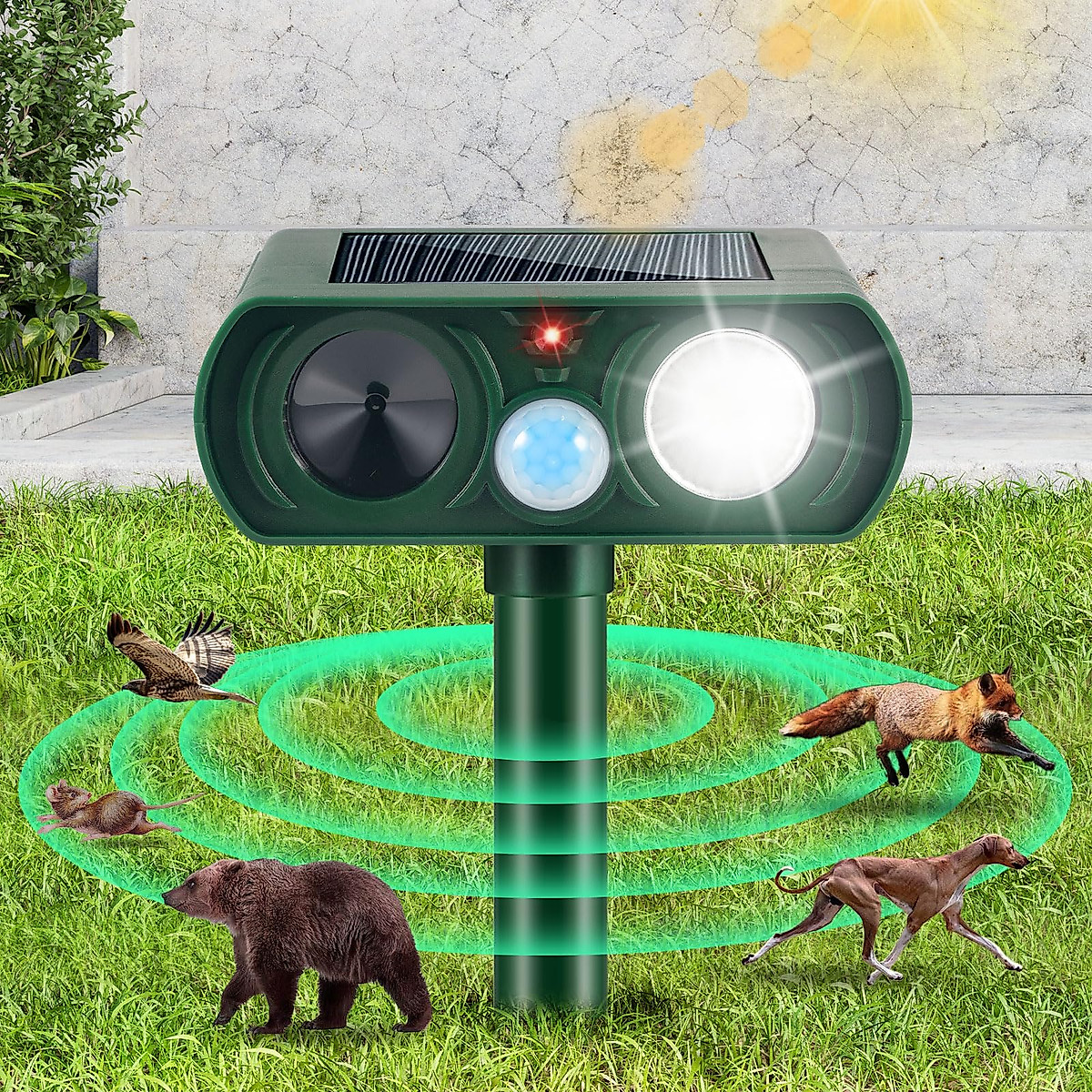 Jahy2Tech Solar Ultrasonic Animal Repellent Outdoor,Deer Repellent Devices with Motion Sensor & Flashing Light,Cat Squirrel Raccoon Skunk Rabbit Repellent Outdoor Animal Repeller Deterrent (1), Green