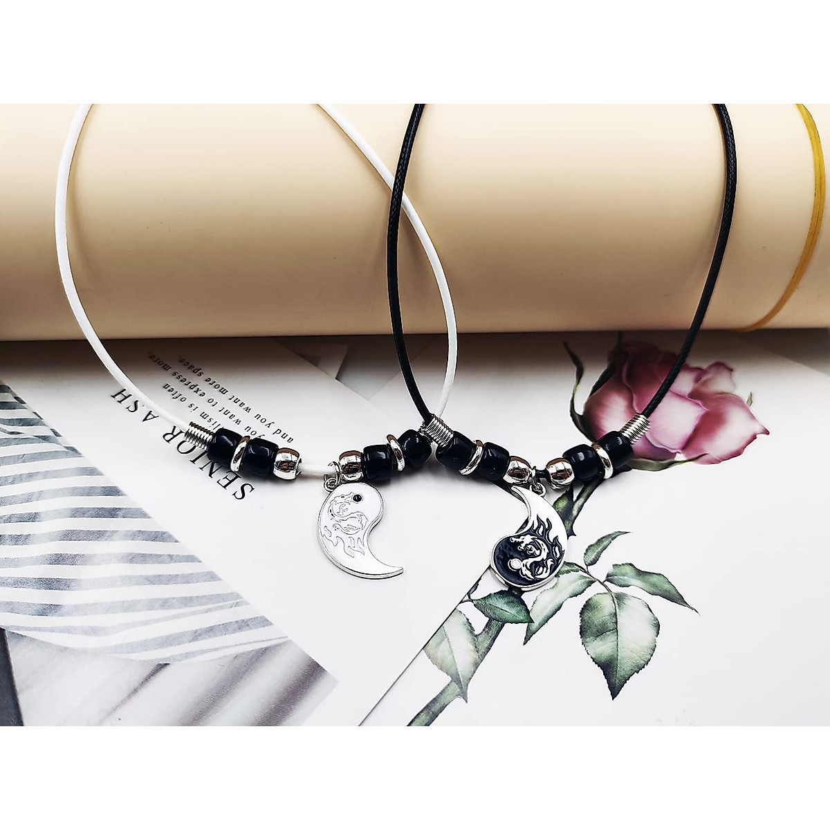 INENIMARTJ 4Pcs Yin Yang Matching Dragon Bracelet Necklaces Set for Women Men,Yin Yang Couple Bracelet Pendant Necklaces for Bff Best Friend (C 4P)