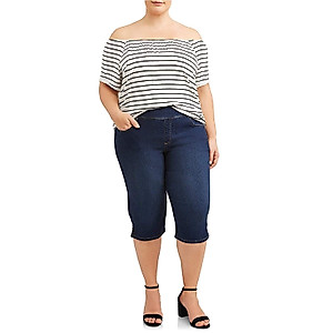 1826 Jeans Jack David Women's Plus Size Cuff Rolled Capri Bermuda Short Curvy Denim Jean (1X, Level Eight Pull On Dark Blue Capri)
