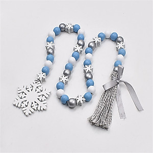 IAMAGOODLADY Christmas Decorations,Christmas Snowflake Wood Bead Garland with Tassels,Rustic Farmhouse Tiered Tray Holiday Decorations,Blue and White Wooden Bead with Jute Rope Plaid Tassel