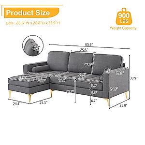 Karl home L-Shape Sectional Sofa Linen Fabric Sofa Couch Living Room Futon Couch with Reversible Chaise, Lattice Decored Seat Cushion, Dark Gray
