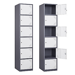 BYNSOE Metal Locker 6 Doors 71" Employees Locker Storage Cabinet Locker School Hospital Gym Locker Requires Assembly (Grey White, 6 Doors)