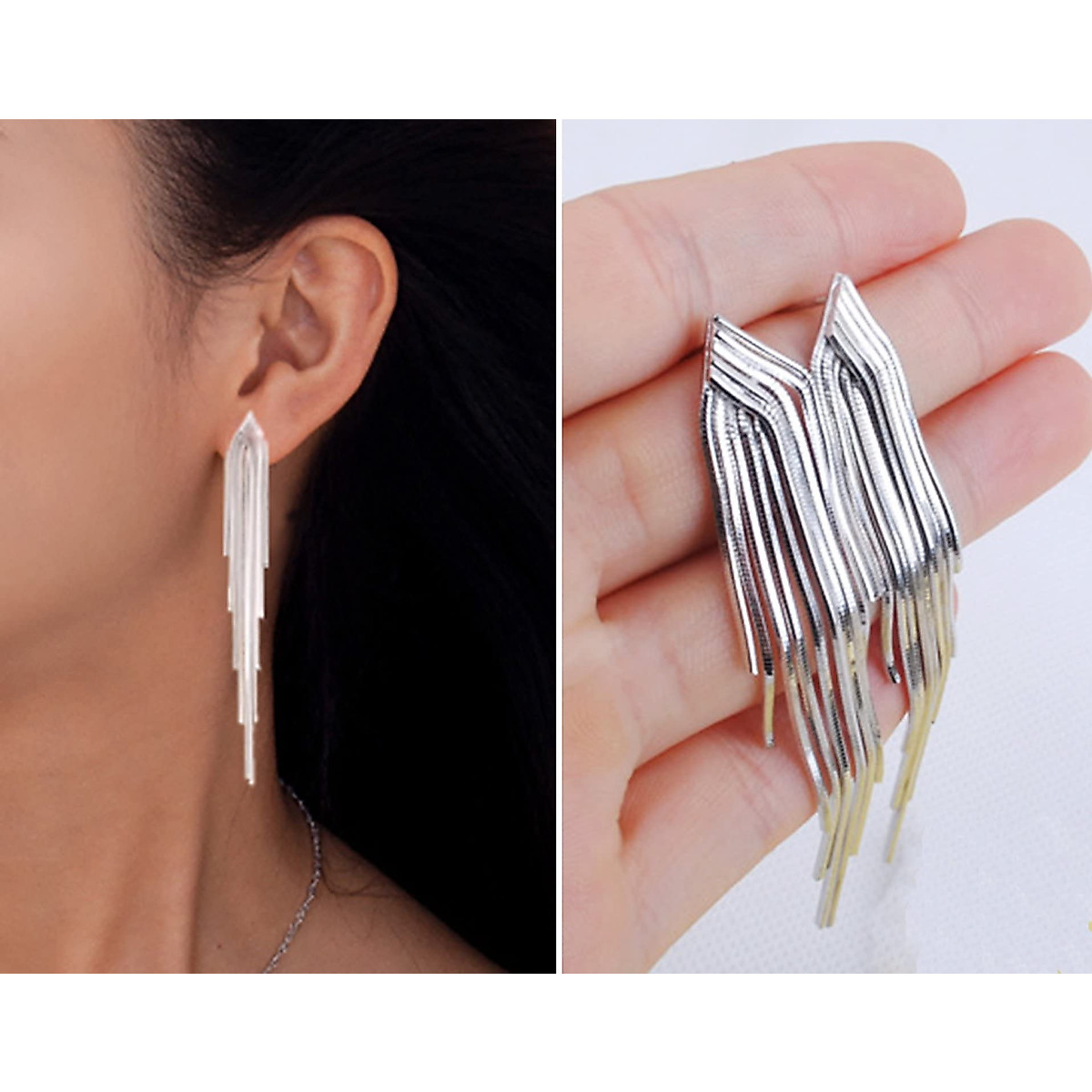 KristLand - S925 Silver/Alloy Hook Sleek Chain Tassel Drop Earrings Long Leather Fringe Dangle Simple Dainty Earrings Silver A Tassel