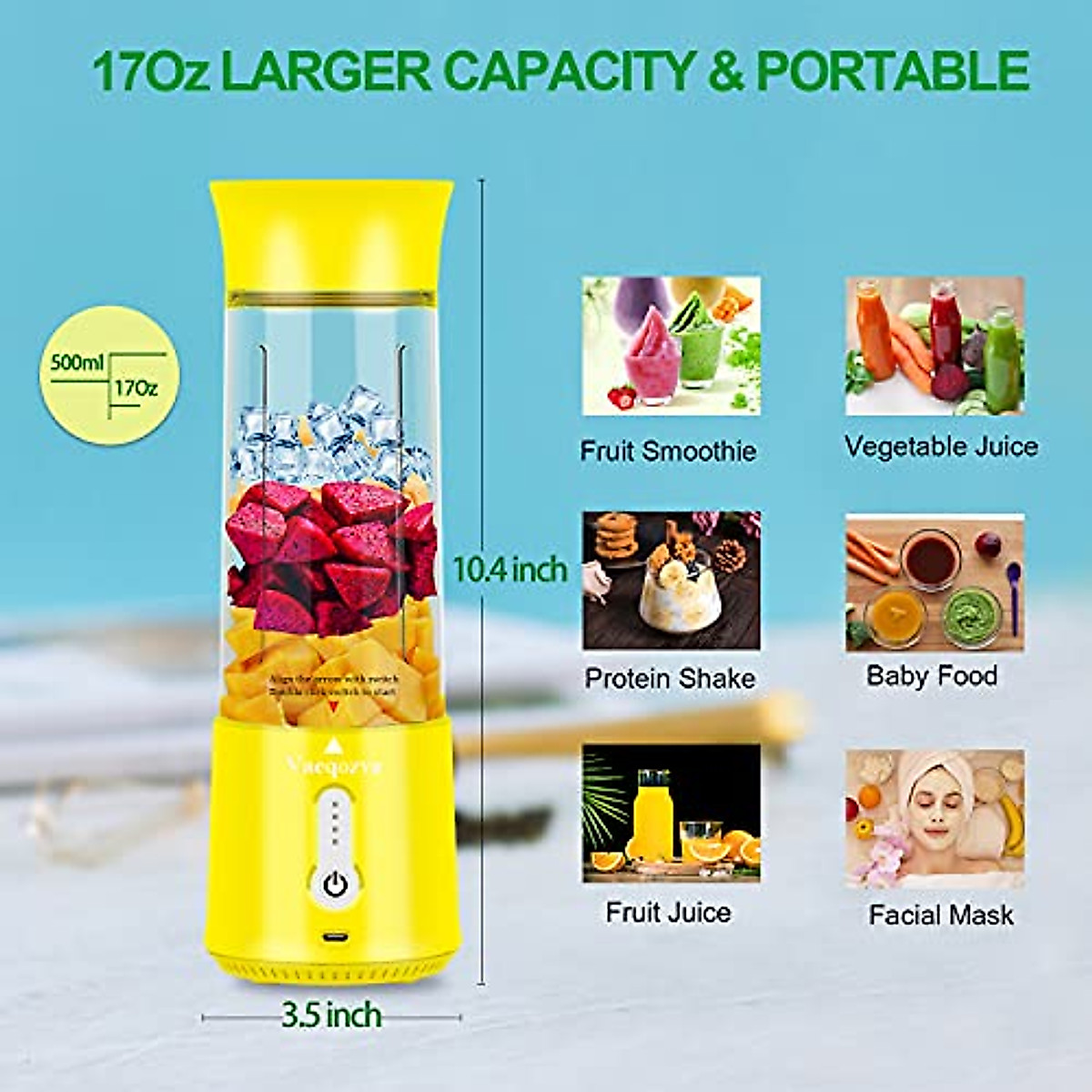 Portable Blender for Shakes and Smoothies, USB Rechargeable Vaeqozva Pro 17 Oz Bottle Large Capacity Waterproof Mini Blender, Personal Size Jucier for Travel, Home