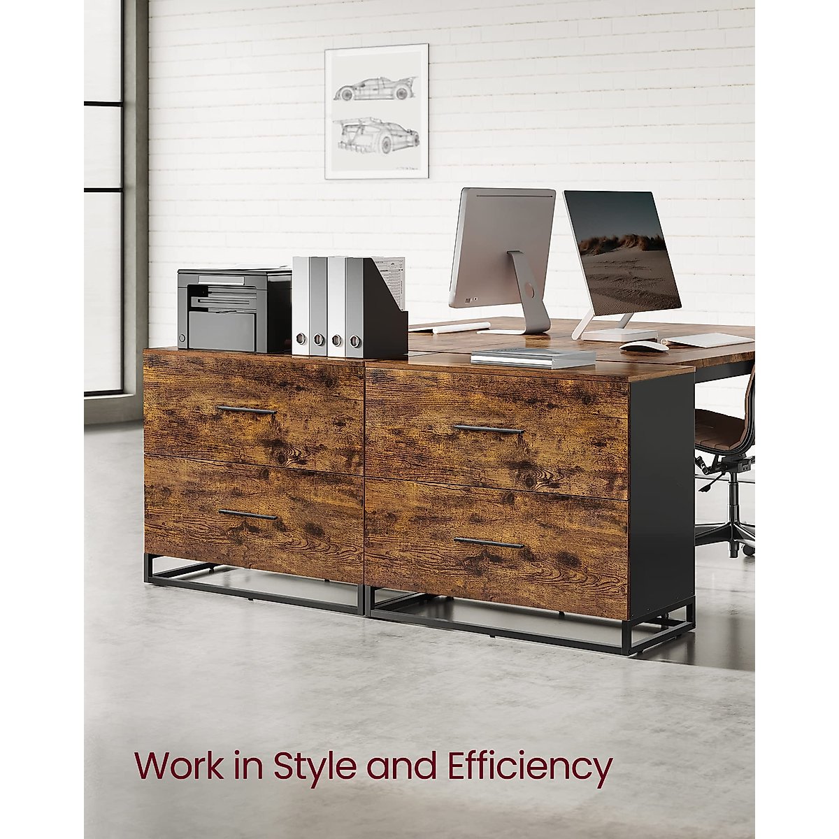 VASAGLE Lateral File Cabinet, Home Office Printer Stand, 2-Drawer Filing Cabinet, with Anti-tip Interlocking Mechanism, for A4, Letter-Size, Legal-Size Hanging Files, Rustic Brown and Black UOFC053B01