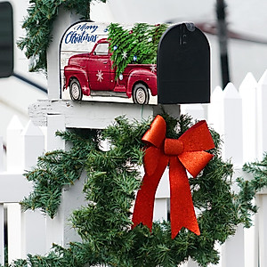 Texupday Merry Christmas Red Truck Pine Tree Decoration Mailbox Cover With Magnetic Strip Winter Snowy Holiday Mailbox Wraps Post Letter Box Cover Standard Size 21" X 18" for Garden Outdoor Yard Decor