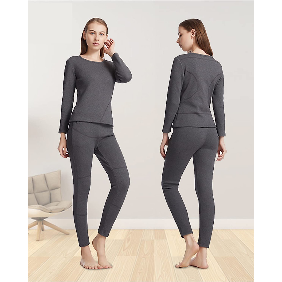 TRUNYAQI Women's Heated Thermal Underwear Set, USB Women's Electric Thermal Heated Long Johns Set, Leggings for Snow Women(Grey,Medium)