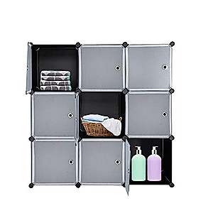 VINGLI Cube Storage, 9 Cubes Organizer Shelves Plastic Closet Cabinet, DIY Modular Storage Cube Organizer w/White Doors for Bedroom Living Room Office, Black