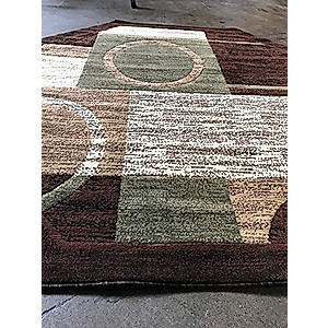 Americana Modern Octagon Contemporary Geometric Area Rug Brown & Green Design 1497 (4 Feet X 4 Feet)