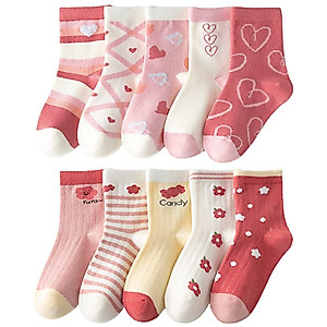 Toptim Kids Girls' Crew Socks Cute Casual Dress Cotton Socks (6-9 Years, 10 Pairs)