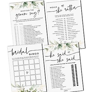 Bridal Shower Games - Set of 4 Bridal Shower Games for 30 Guests, Double-Sided Cards (Eucalyptus)