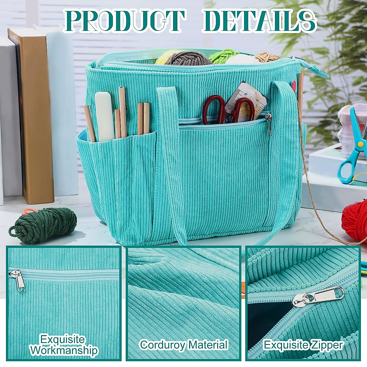 Cosblank Crochet Bag Tote Yarn Knitting Bag Corduroy Teal Yarn Storage Organizer for Crocheting Project Skein Knitting Needles Crochet Hooks Accessories