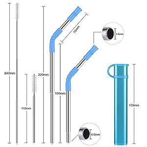Reusable Collapsible Straw, Portable Stainless Steel Drinking Straw with Case, Straw Tip and Cleaning Brush for Travel, Party, Outdoor and Home Use (Blue Case Turqoise Tip)
