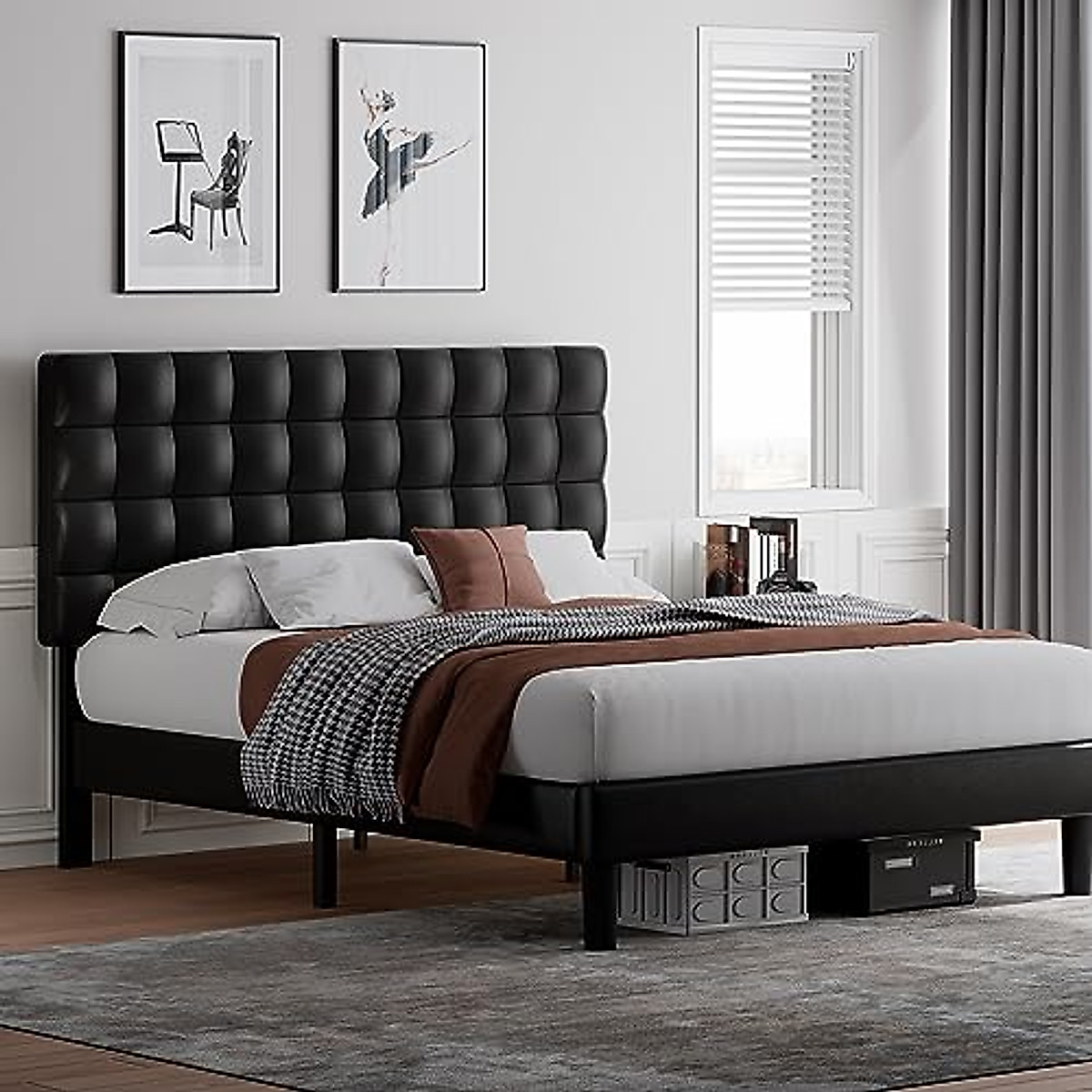 iPormis Full Size Platform Bed Frame, Faux Leather Upholstered Bed Frame with Square Tufted Headboard, Wood Slats Support, No Box Spring Needed, Easy Assembly, Black