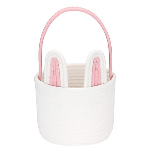 Sea Team Easter Bunny Basket for Eggs Hunt, Easter Eggs Bucket, Small Woven Cotton Rope Tote Bag with Rabbit Ears & Fluffy Tail for Kids, Easter Days Decoration, Party, Holidays, Pink