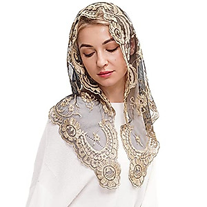 Spanish Mantilla Embroidery Lace Veils Catholic Church Mantillas Chapel Scarf Lace Mass (black and gold), 120cm*60cm