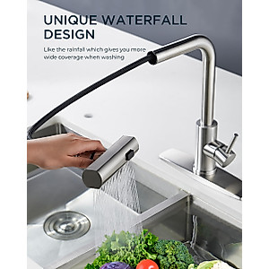 FORIOUS Kitchen Faucet with Pull Down Sprayer, Brushed Nickel Kitchen Faucets Stainless Steel, Waterfall Kitchen Sink Faucet 3 in 1 Function, Modern Faucet for Kitchen Sink, Bar, Laundry, Rv