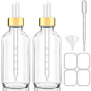 Glass Bottle with Dropper, 4 oz Clear Golden Cap Eye Dropper Bottle for Essential Oils with Labels and Funnel, 2 Pcs Empty Tincture Bottles with Unbreakable Plastic Eye Dropper with Measurements