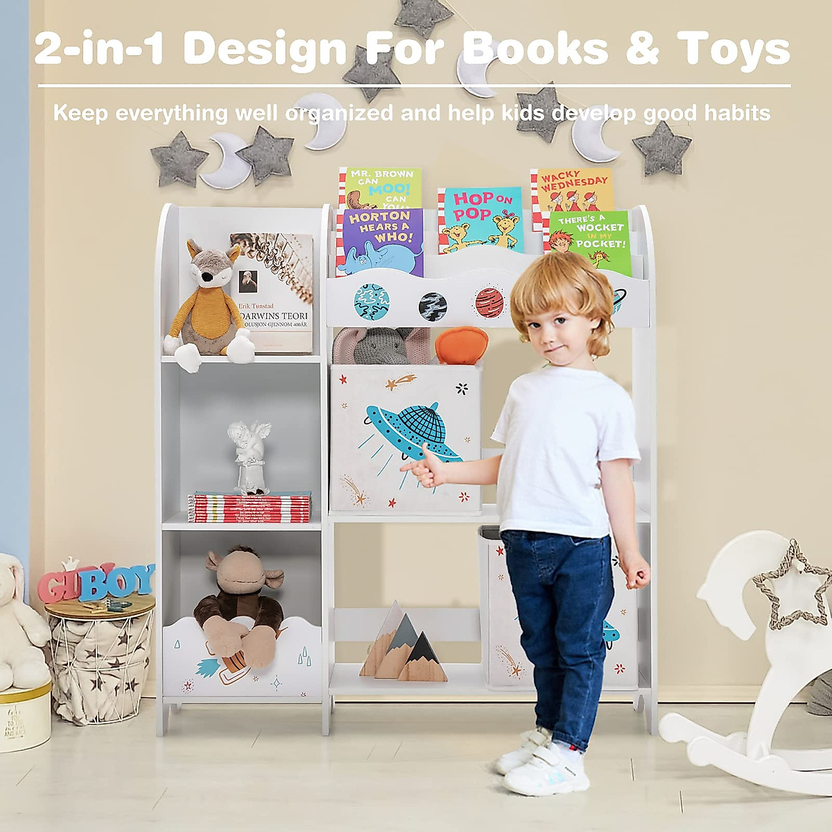 HONEY JOY Kids Toy Storage Organizer, Wooden Storage Unit with 2 Storage Boxes, Toddler Storage Display Bookshelf Daycare Furniture for Playroom, Children’s Room, Living Room(Planet)