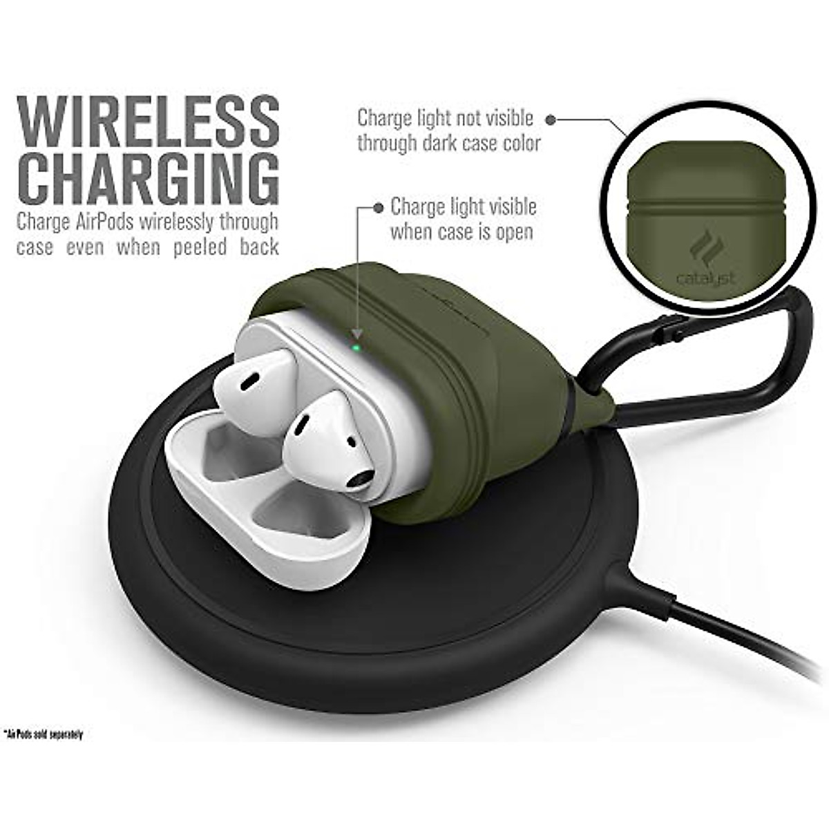 Waterproof Airpods Case 2 & 1 Cover by Catalyst, Shockproof and Drop Proof air pods Protective Cover Soft Skin, Carabiner, Silicone Sealing, Compatible Wireless Charging - Army Green