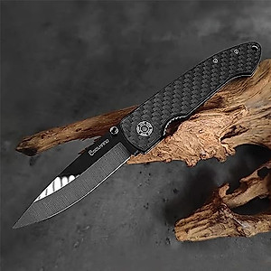 Cool Hand 4.5" Carbon Fiber Folding Knife w/ 3.25" Polished Black Zirconia Ceramic Blade, Liner Lock Mechanism, w/Pocket Clip, Gift Box Packing